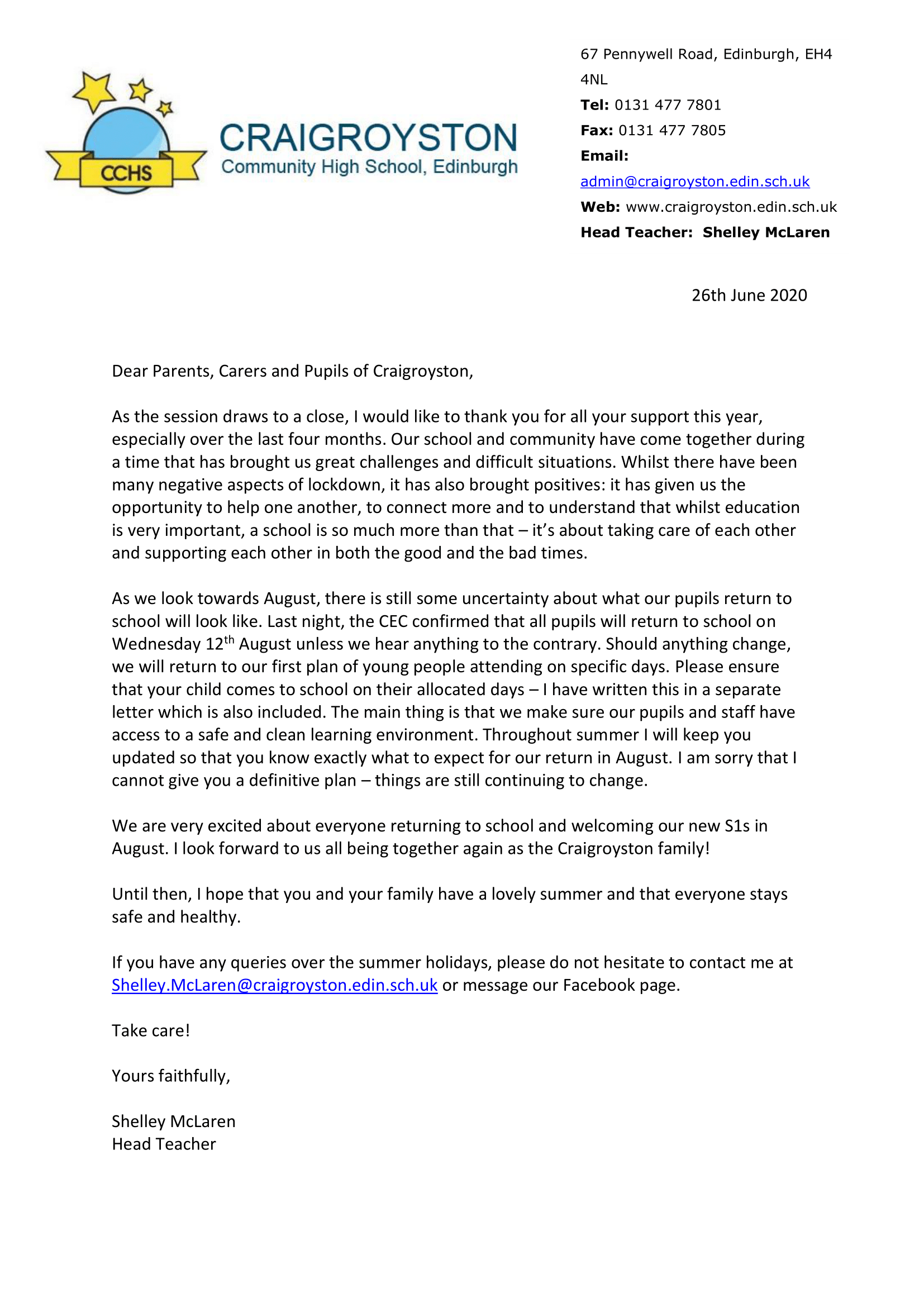 End of Term Letter | Craigroyston Community High School