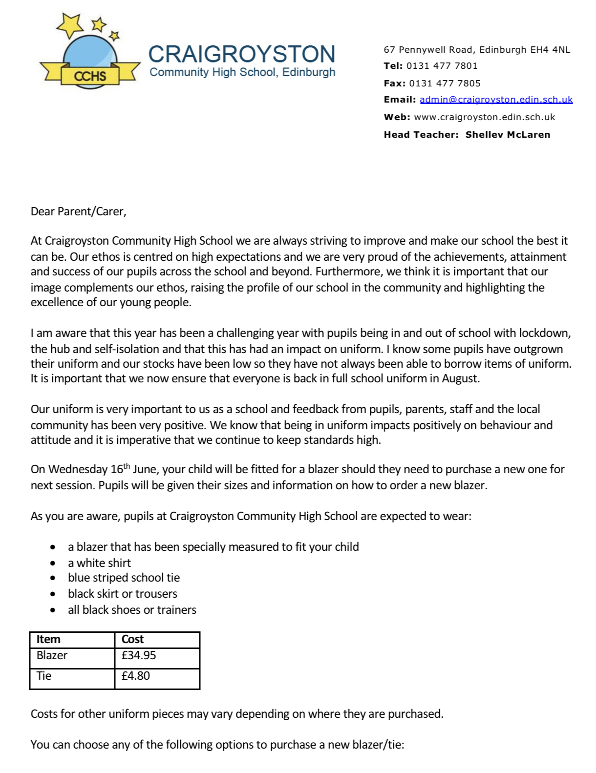 Uniform Letter | Craigroyston Community High School