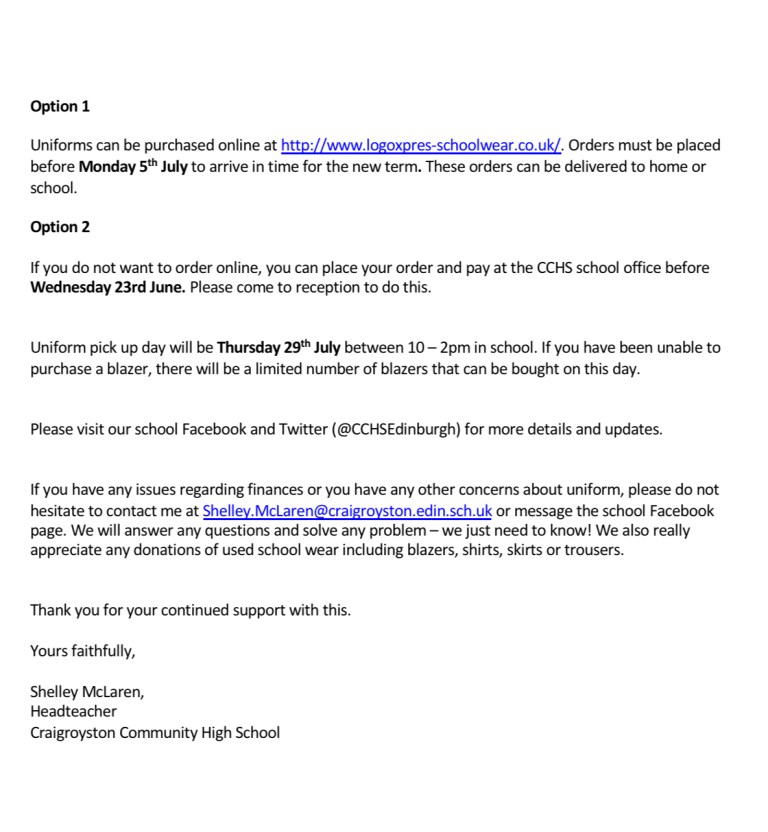 Uniform Letter | Craigroyston Community High School