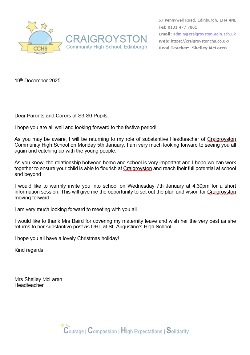 S3-S6 HT Letter Dec 2025 | Craigroyston Community High School